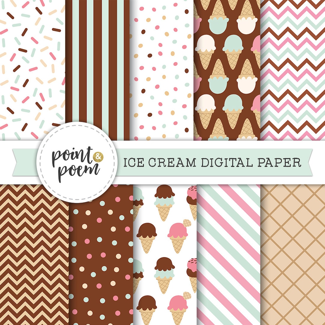 Ice Cream Digital Paper, Pack Summe,r Pink, Mint, Green, Brown, Cones ...