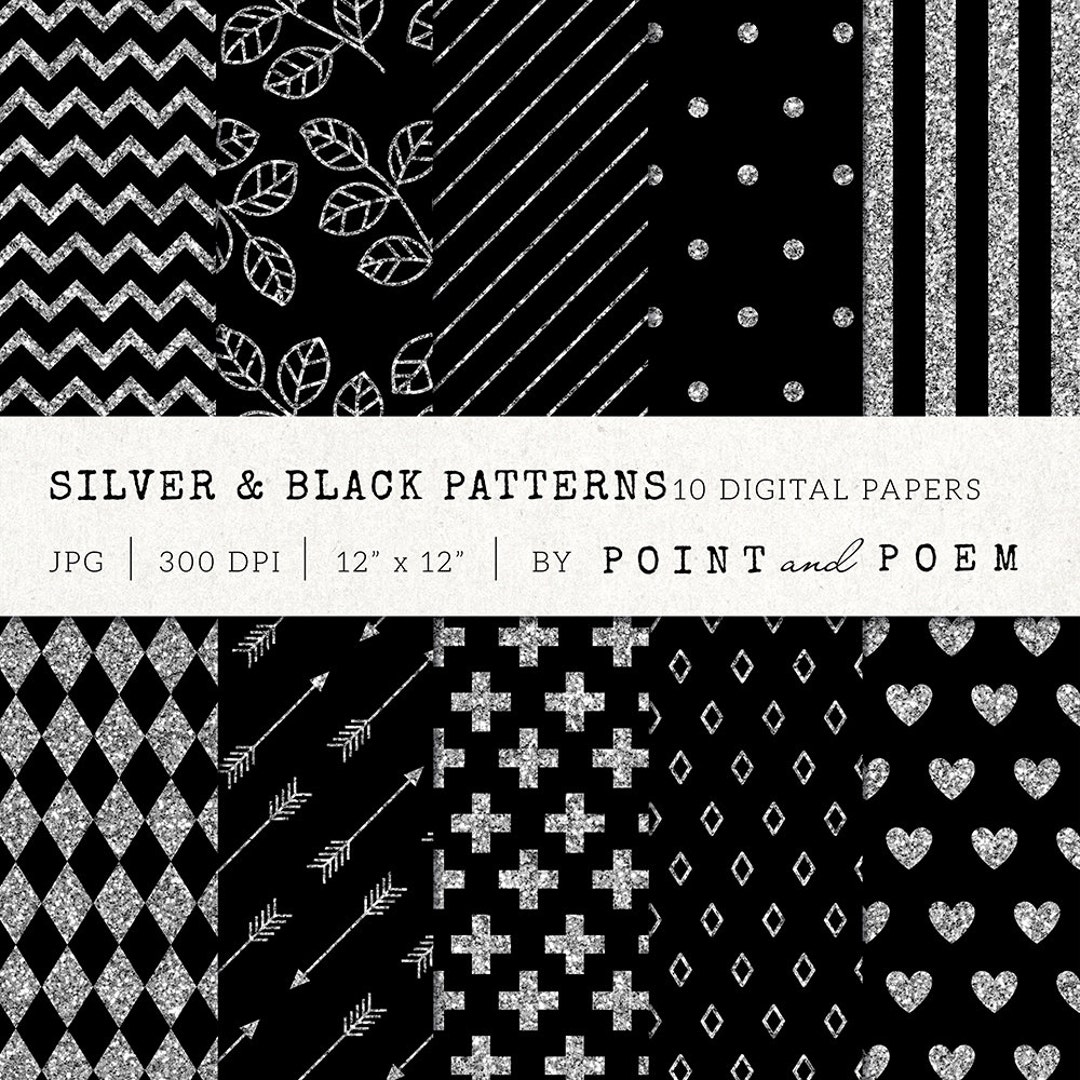 Silver Glitter Digital Paper, Black, Patterns, Silver Background ...