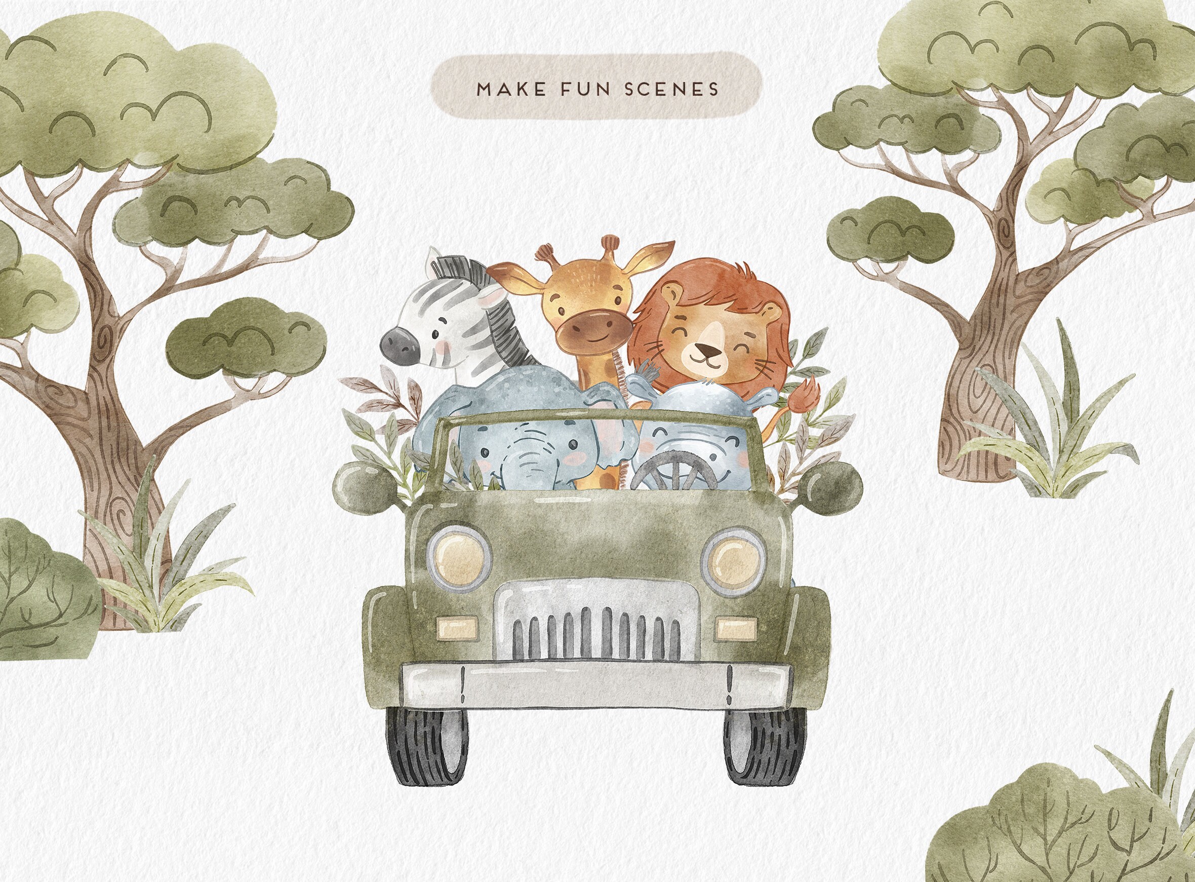 Safari Watercolor Clipart Cute Safari Animals Digital Clip - Etsy