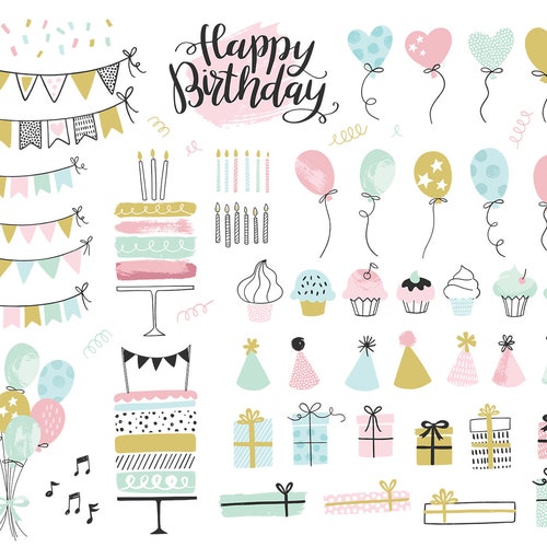 Birthday Clipart Party Clip Art Commercial Use Hand-drawn - Etsy