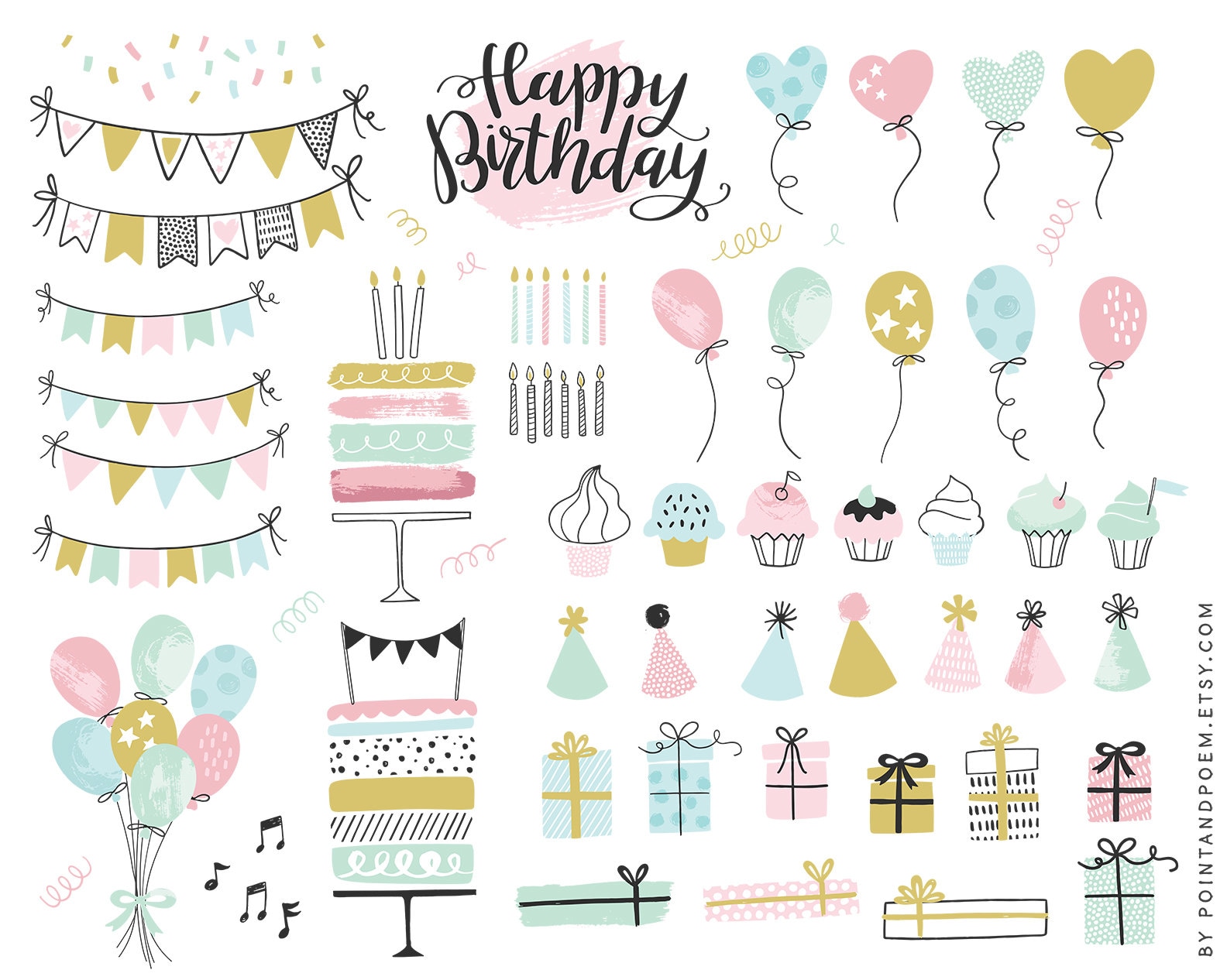 Birthday Clipart Party Clip Art Commercial Use Hand-drawn - Etsy