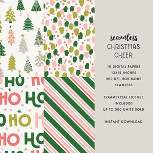 Christmas Digital Paper, Green Red Pink Beige Scandi Christmas Digital ...
