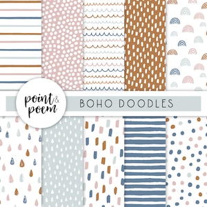 Doodle Digital Papers Pink Blue & Brown Boho Scandi Digital - Etsy