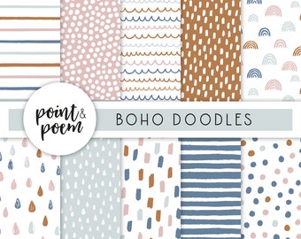 Doodle Digital Papers, Pink & Blue Boho Scandi Digital Paper Pack, Hand ...