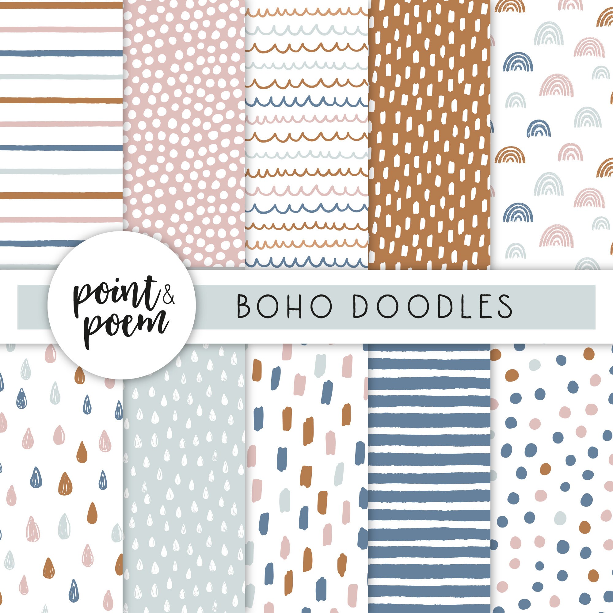 Doodle Digital Papers, Pink Blue & Brown Boho Scandi Digital Paper Pack ...