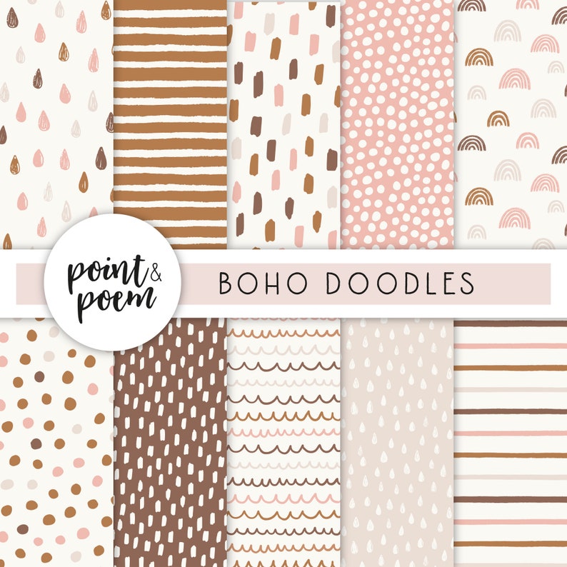 Doodle Digital Papers, Pink & Brown Boho Scandi Digital Paper Pack ...