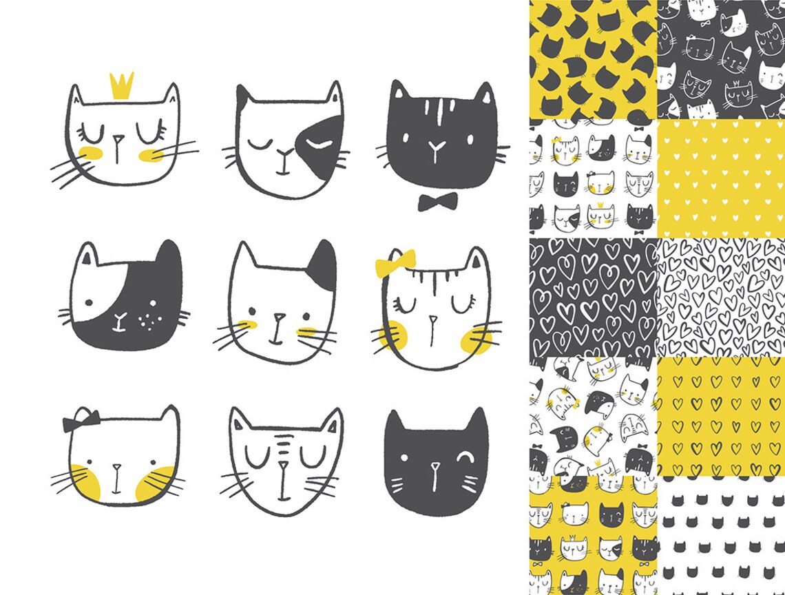 Cat Clipart and Digital Paper Doodle Cat Faces Clip Art and | Etsy
