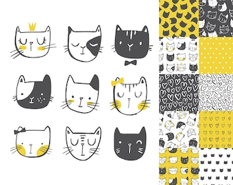 Cat Clipart and Digital Paper Commercial Use Doodle Cat | Etsy