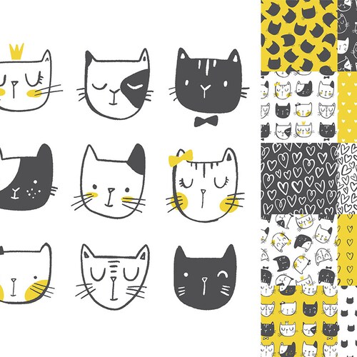 Cat Clipart and Digital Paper Doodle Cat Faces Clip Art and - Etsy