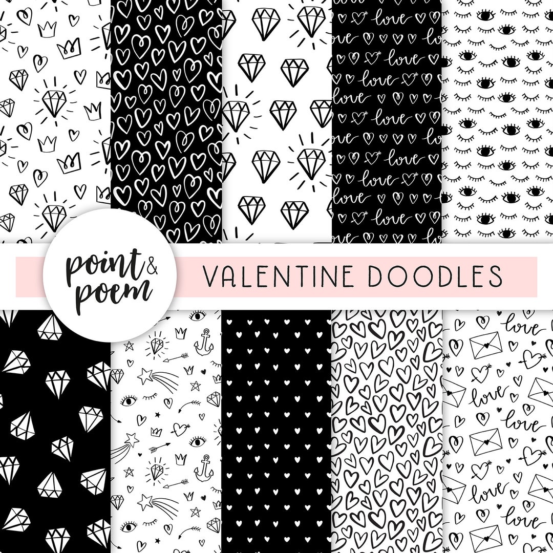 Hand Drawn Doodle Valentine's Day Digital Papers, Black & White Scandi ...