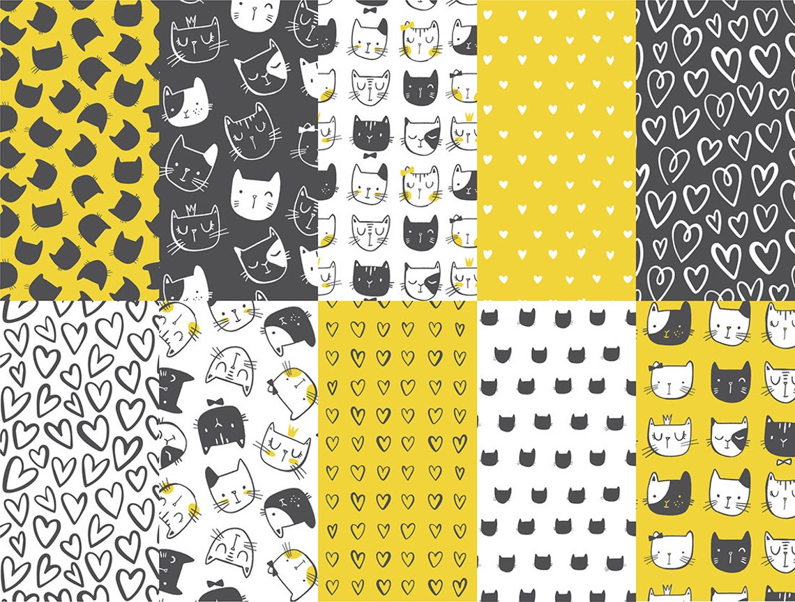 Cat Clipart and Digital Paper Doodle Cat Faces Clip Art and | Etsy