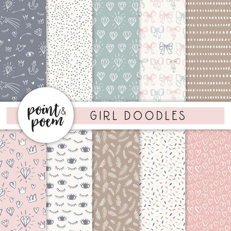 Girl Doodle Digital Papers, Pink & Blue Boho Scandi Digital Paper Pack ...