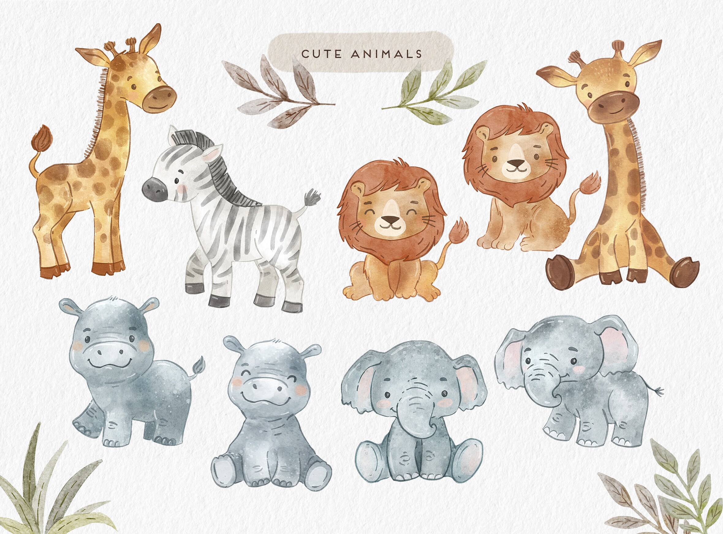 Safari Watercolor Clipart Cute Safari Animals Digital Clip - Etsy