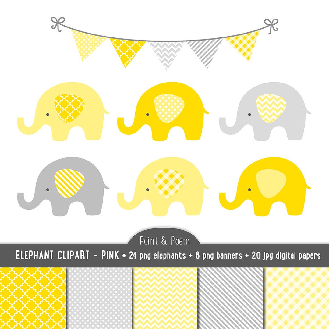 Elephant Clip Art, Digital Papers, Yellow Gray Baby Shower Clipart ...