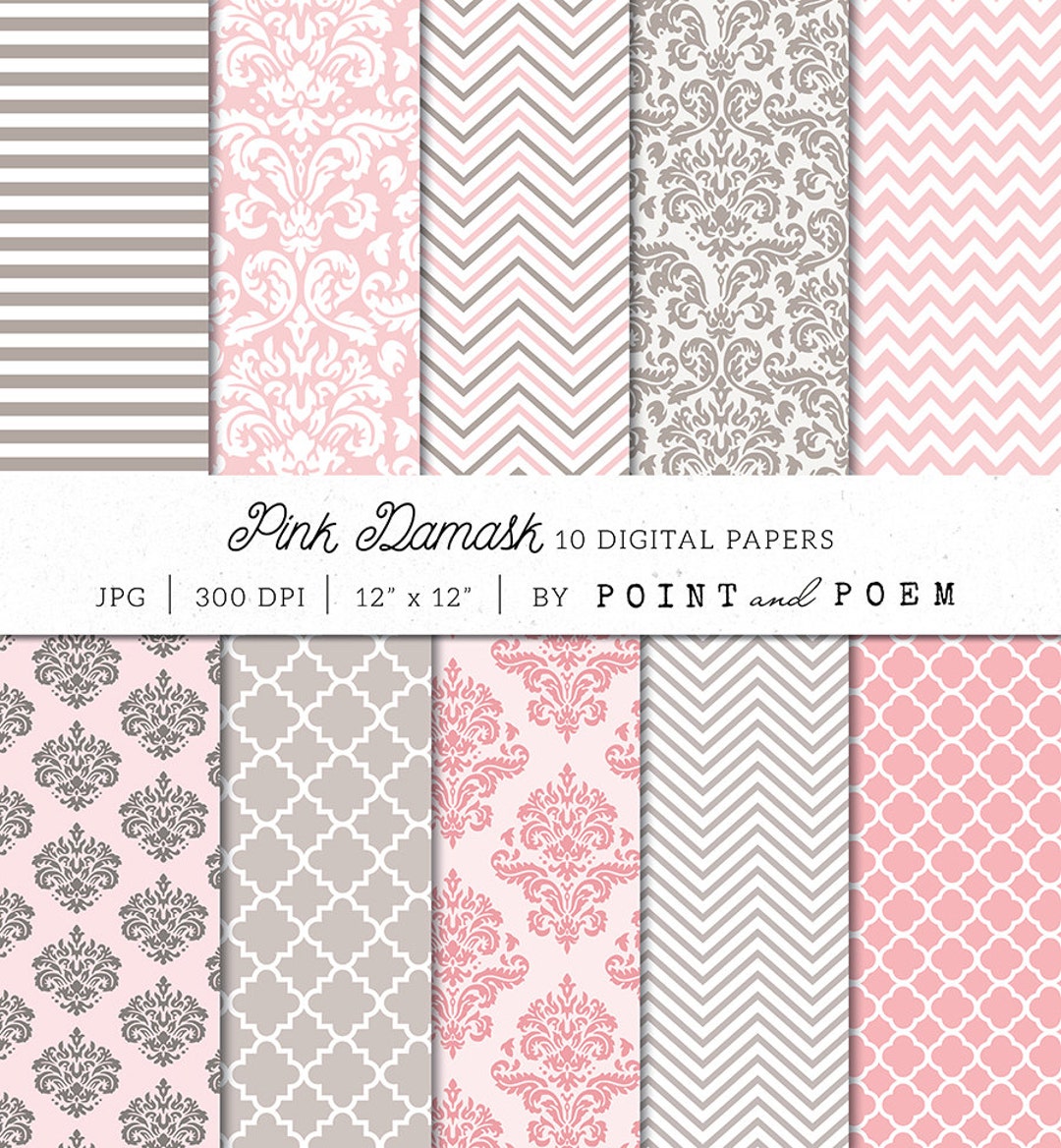 Damask Digital Paper, Baby Pink Grey Damask, Taupe, Pink Wedding ...