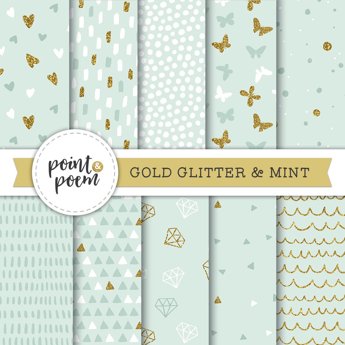Gold Glitter Mint Digital Paper Scandi Doodle Glitter | Etsy