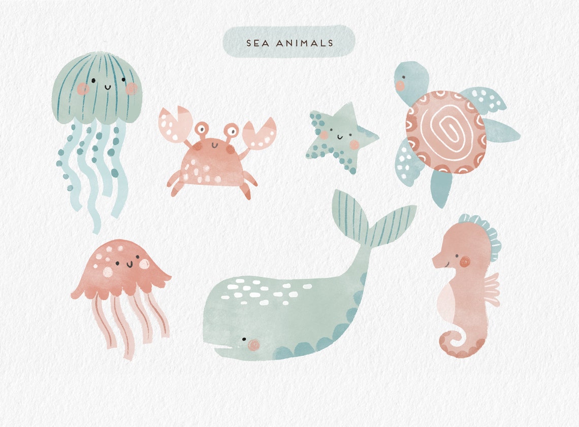 Under the Sea Watercolor Clipart, Cute Saline Animals Digital Clip Art ...