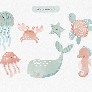 Under the Sea Watercolor Clipart, Cute Saline Animals Digital Clip Art ...