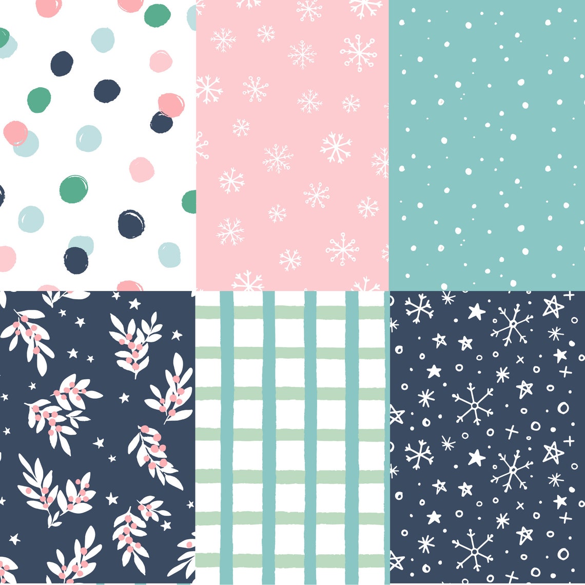 Christmas Digital Paper, Pink Blue Navy Mint Scandi Christmas Digital ...