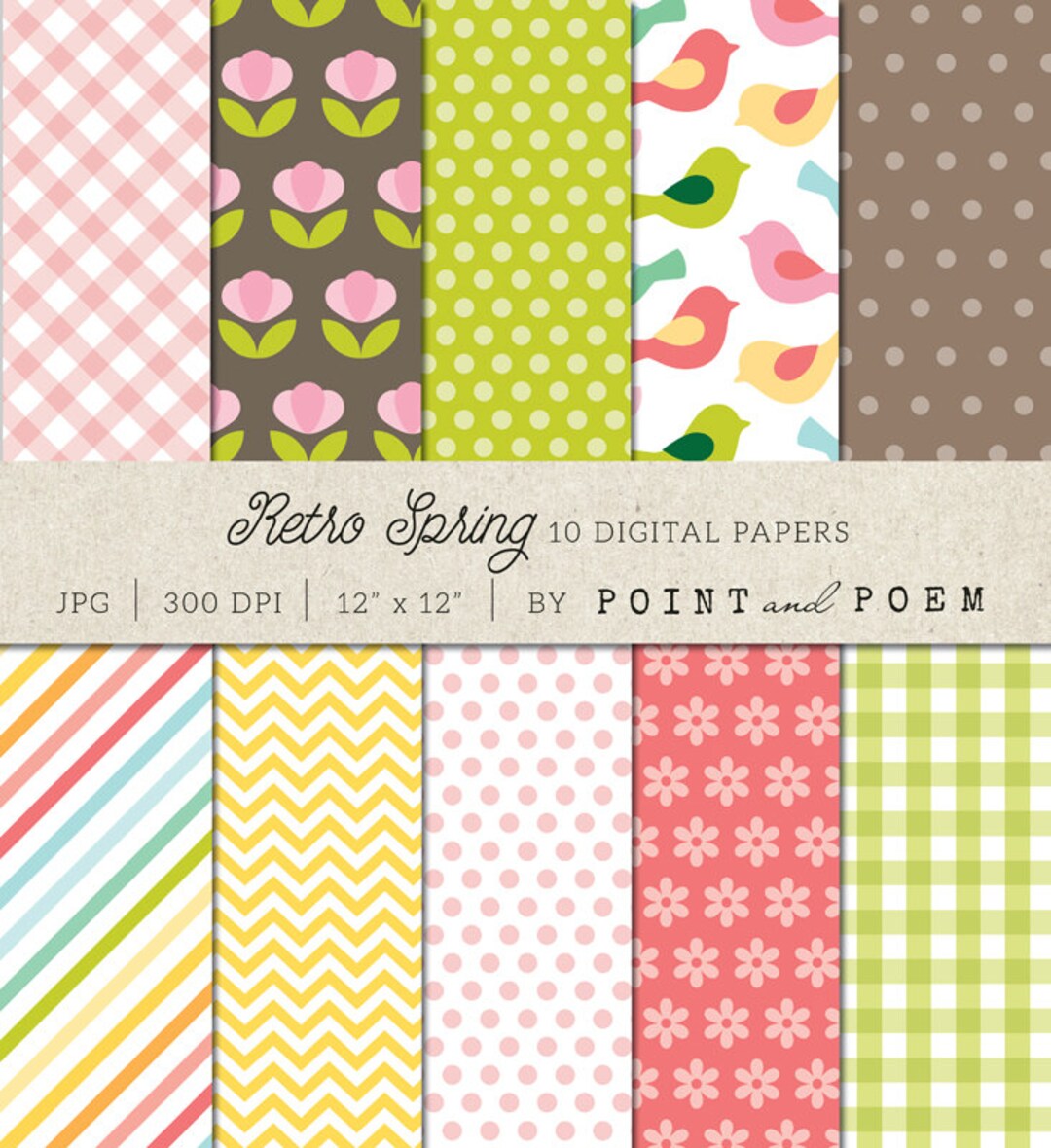 Spring Digital Paper, Flowers Bird, Pink, Green, Yellow, Polka Dots ...