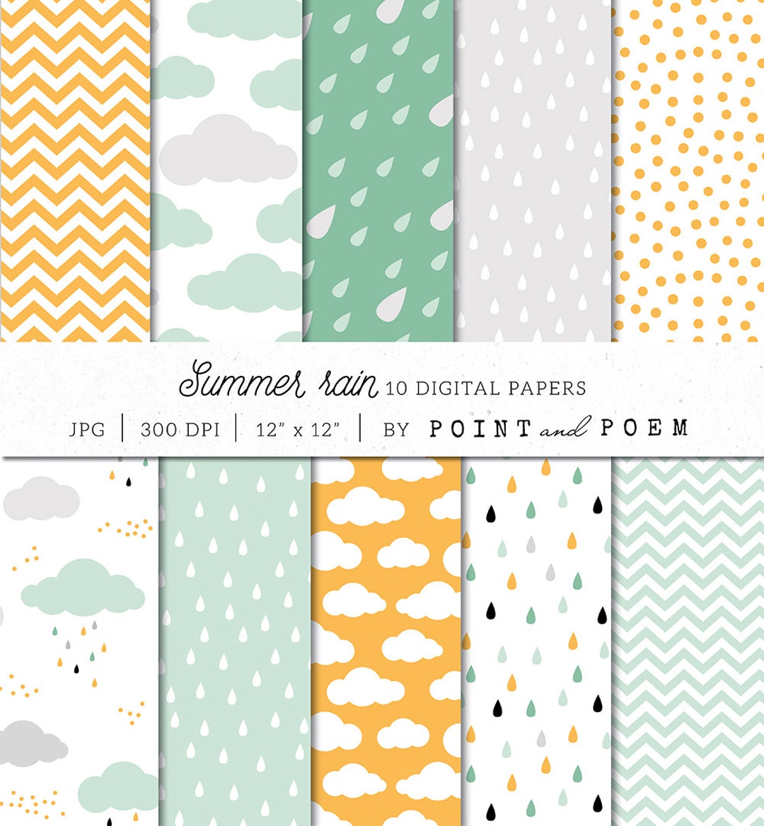 Clouds Digital Paper Pack, Summer Digital Paper, Rain, Chevron, Polka ...