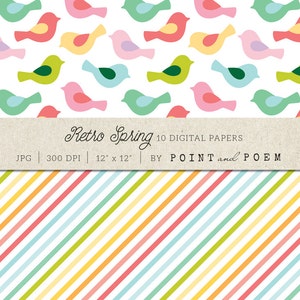 Spring Digital Paper, Flowers Bird, Pink, Green, Yellow, Polka Dots ...