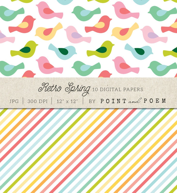 Spring Digital Paper Flowers Bird Pink Green Yellow Polka - Etsy