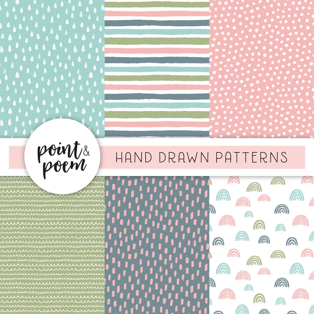 Doodle Digital Papers, Pink Green Blue Scandi Digital Paper Pack, Hand ...