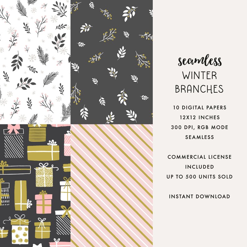 Christmas Digital Paper Pink Gold Gray Black Scandi Christmas - Etsy