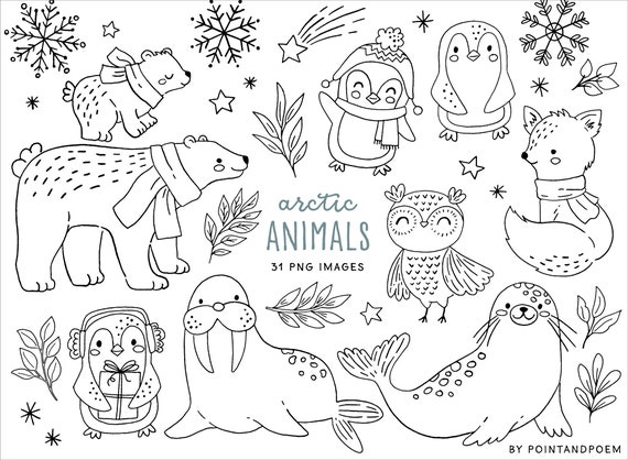 Cute Winter Animals Clipart Black And White