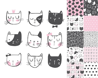 Cat Clipart and Digital Paper Commercial Use Doodle Cat | Etsy