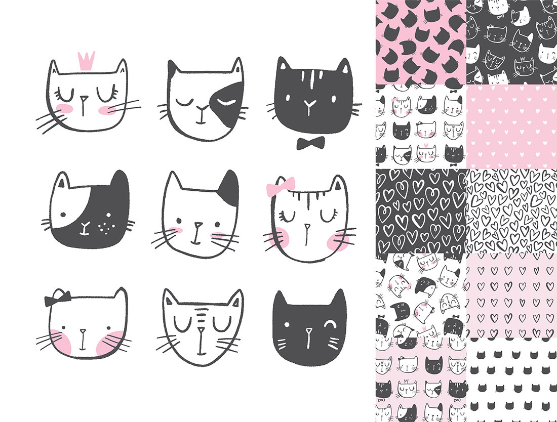 Cat Clipart and Digital Paper Doodle Cat Faces Clip Art and - Etsy