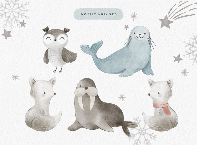 Winter Watercolor Clipart Cute Arctic Animals Polar Animals - Etsy