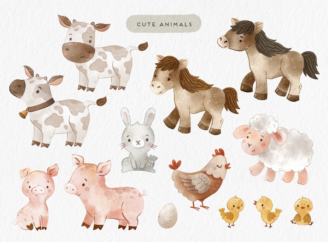 Farm Watercolor Clipart Cute Farm Animals Digital Clip Art - Etsy