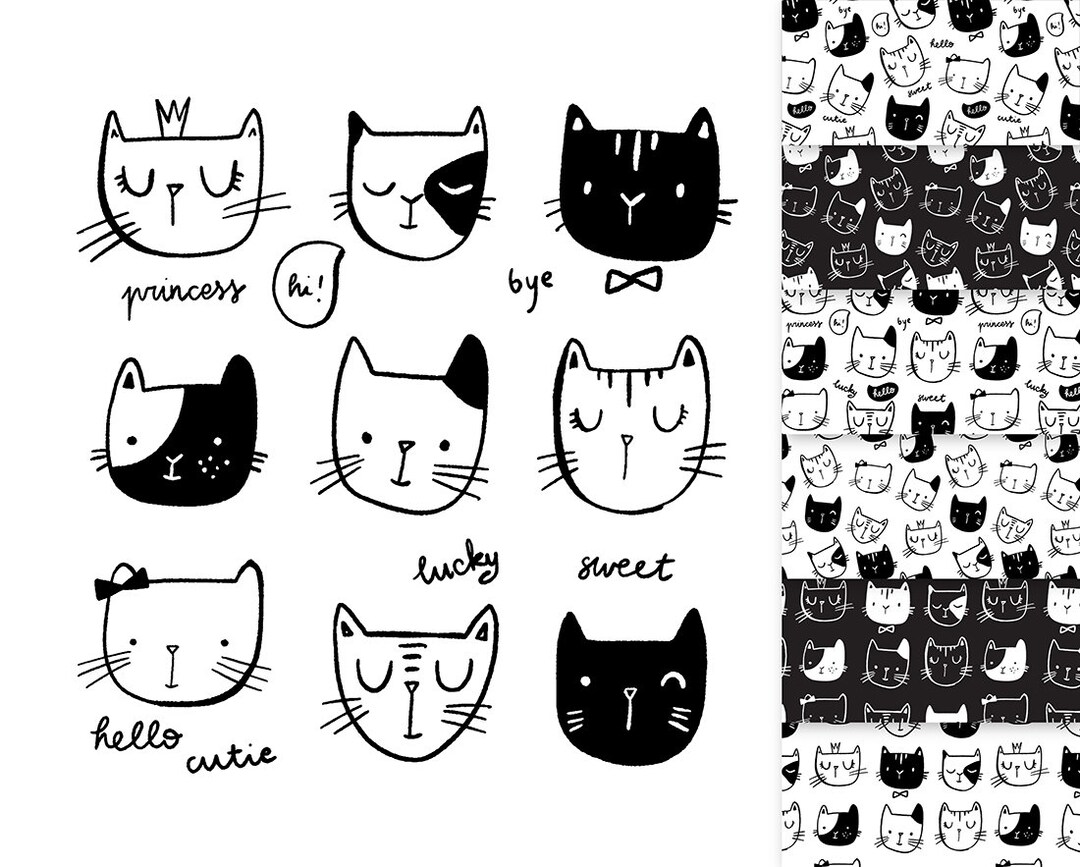 Cat Clipart and Digital Paper Commercial Use - Doodle Cat Faces Clip ...