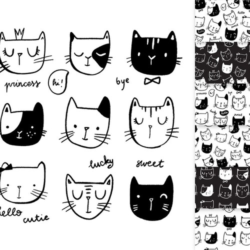 Cat Clipart and Digital Paper Commercial Use Doodle Cat - Etsy