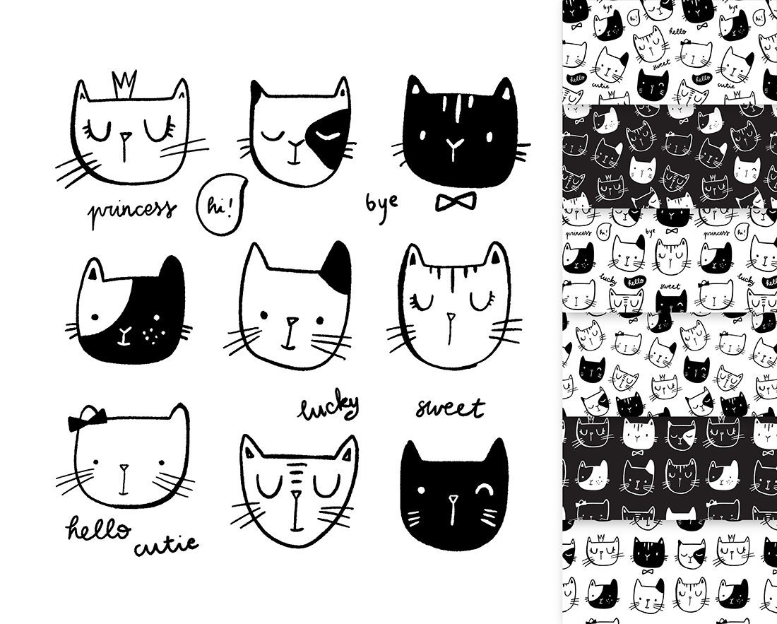Cat Clipart and Digital Paper Commercial Use Doodle Cat - Etsy