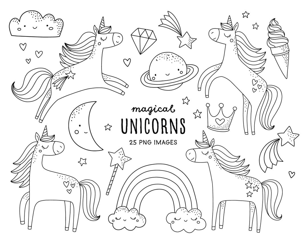 Unicorn Digital Stamps Clipart. Unicorn Coloring Pages. Commercial Use ...