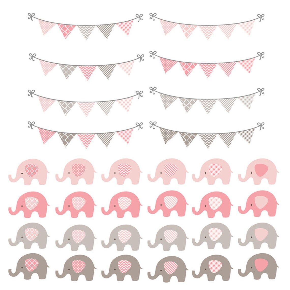 Elephant Clip Art, Digital Papers, Baby Pink Clipart, Pink & Taupe Gray ...