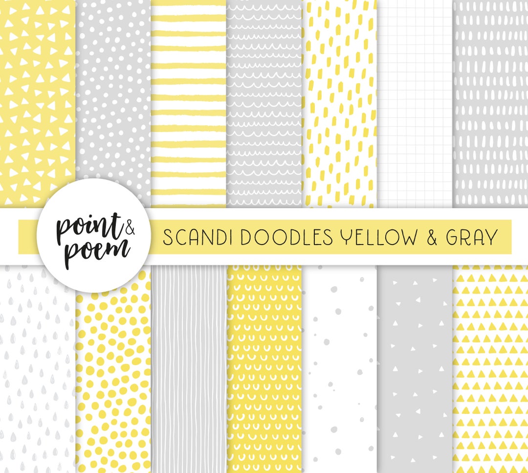 Doodle Scandinavian Digital Papers, Yellow & Gray Digital Paper Pack ...