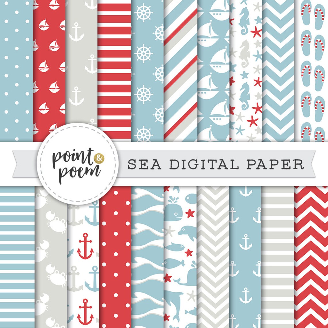 Nautical digital paper pack digital nautical pattern sea navy | Etsy
