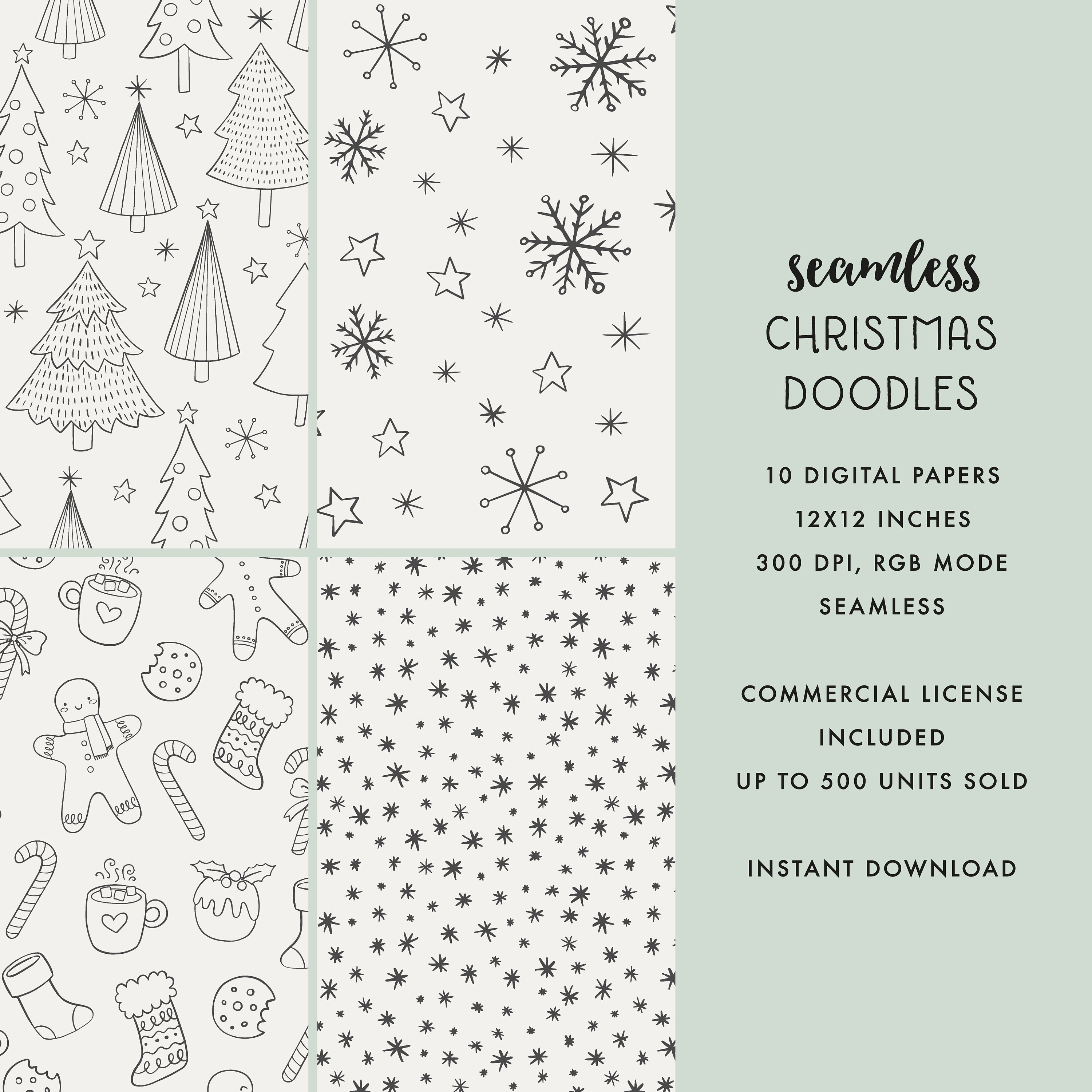 Doodle Christmas Digital Paper Black and White Scandi - Etsy