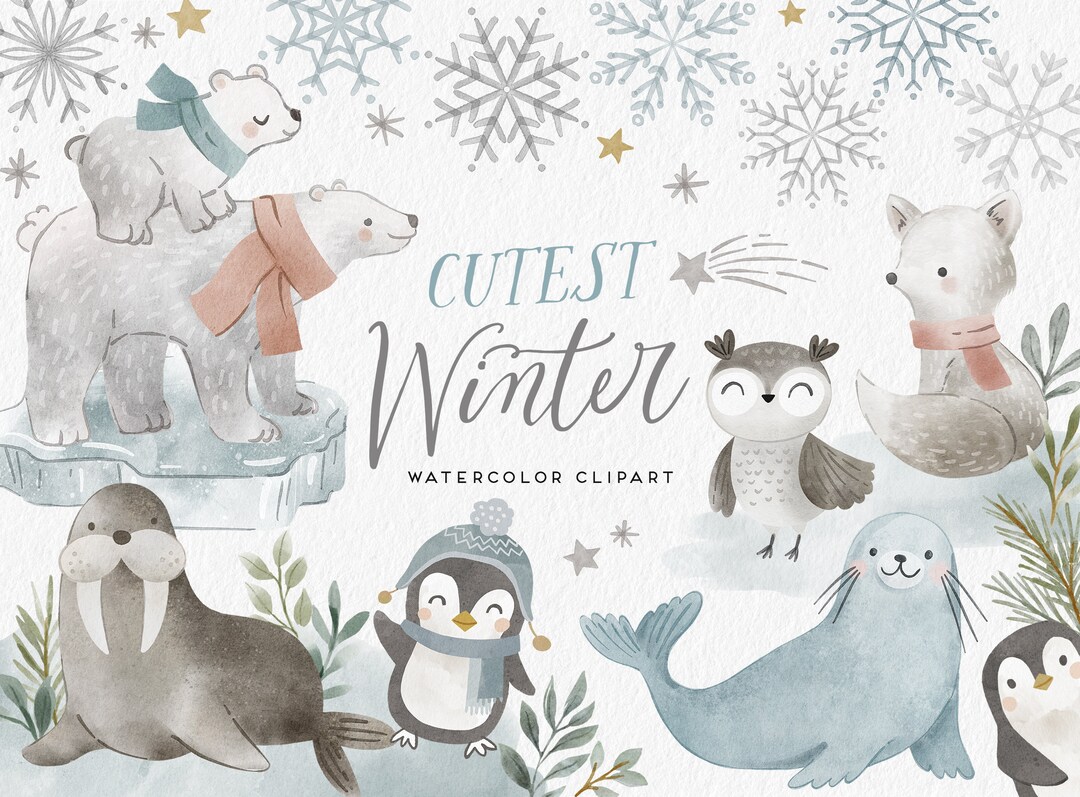 Winter Watercolor Clipart, Cute Arctic Animals, Polar Animals ...