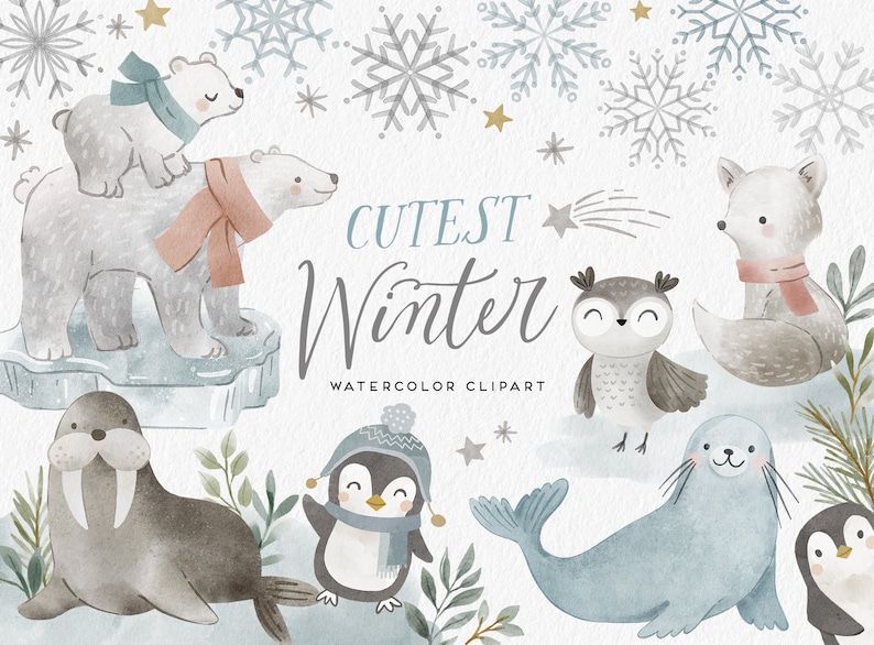 Winter Watercolor Clipart Cute Arctic Animals Polar Animals - Etsy