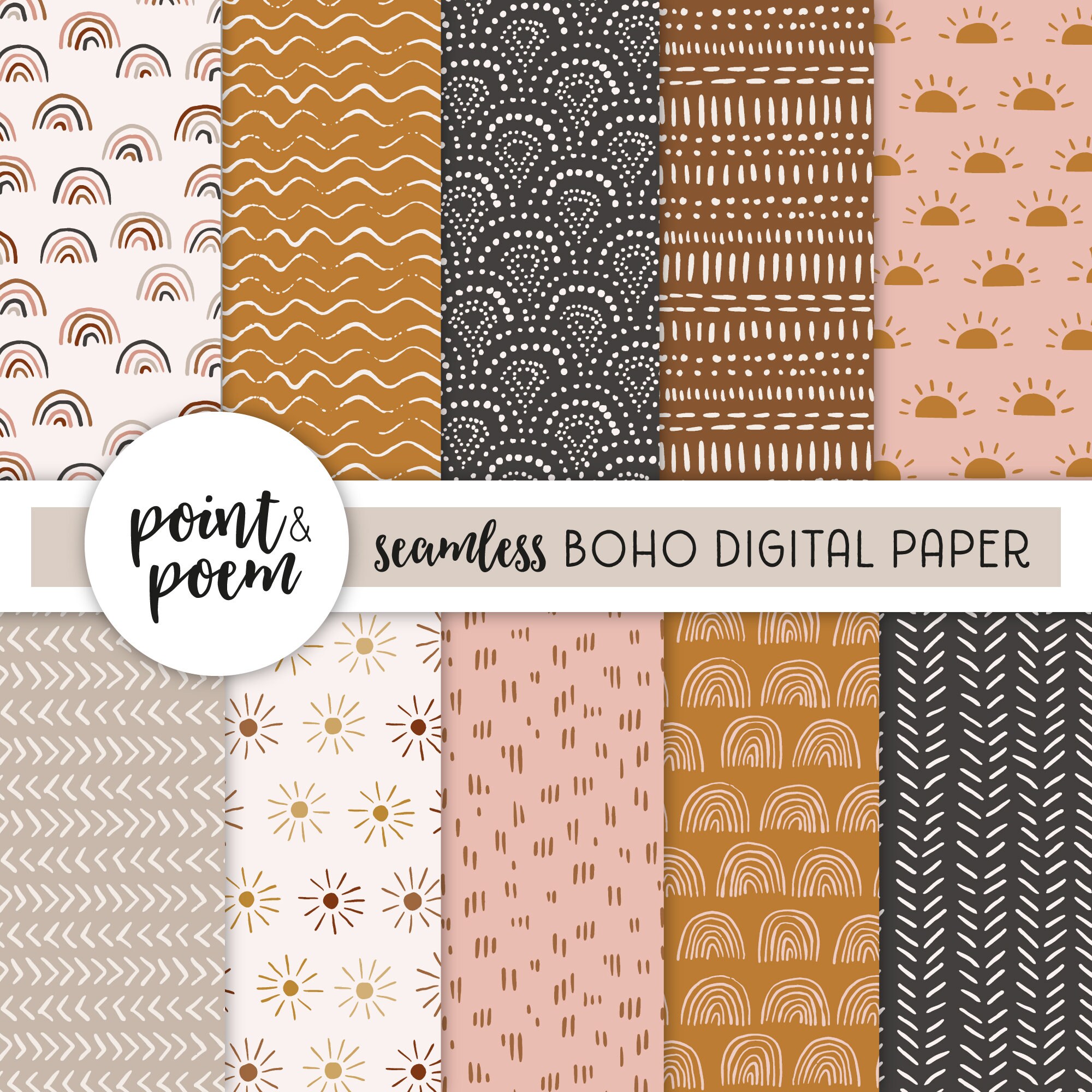 Boho Doodle Seamless Digital Papers, Brown, Pink & Black Boho Paper ...