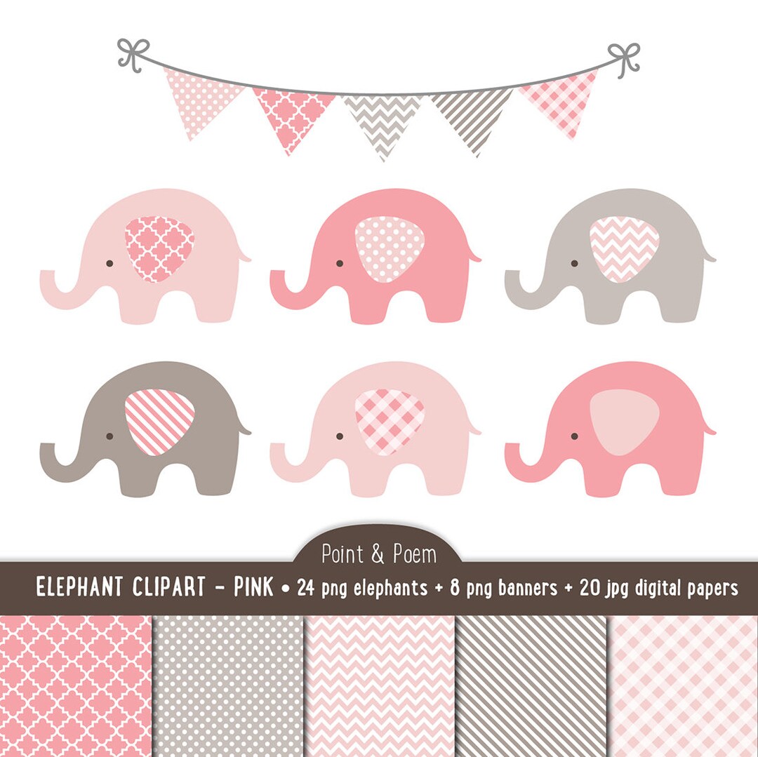 Elephant Clip Art, Digital Papers, Baby Pink Clipart, Pink & Taupe Gray ...