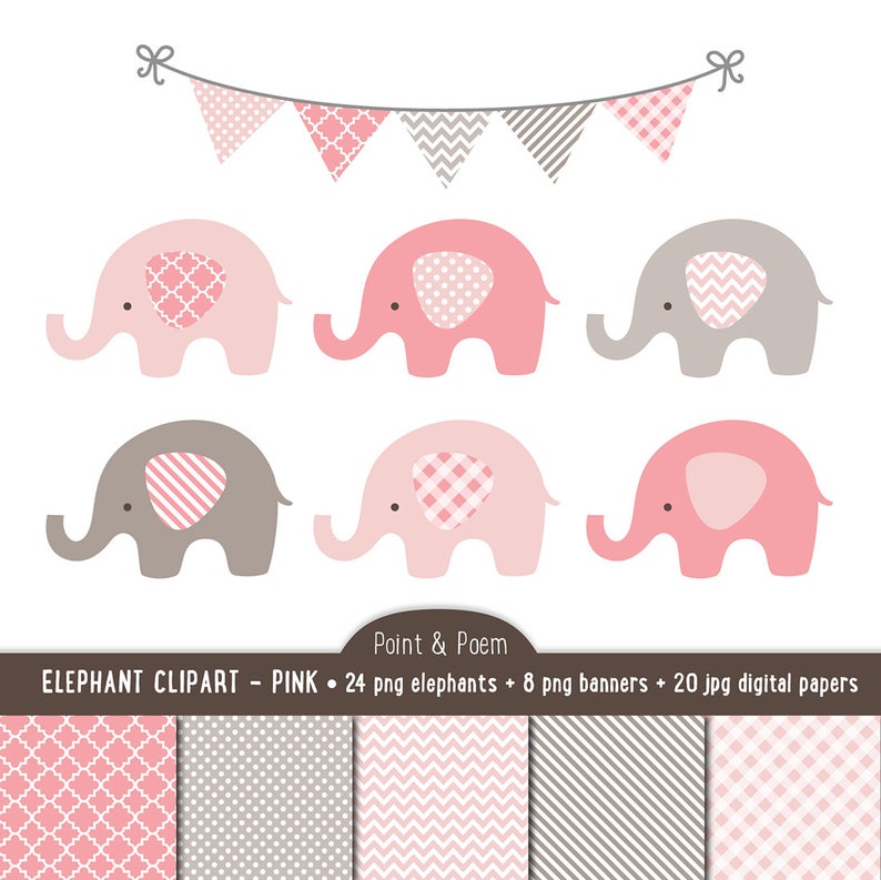 Elephant Clip Art Digital Papers Baby Pink Clipart Pink & | Etsy