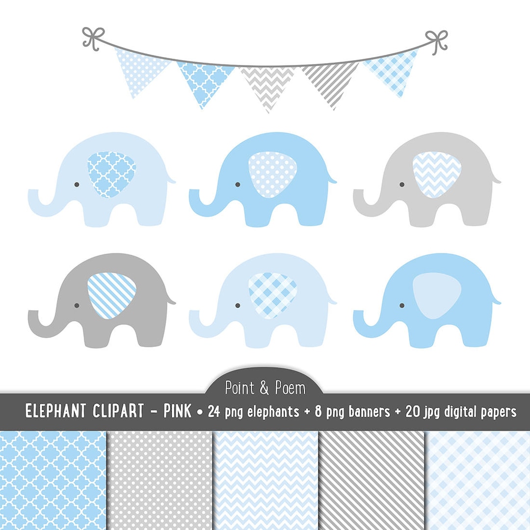 Elephant Clip Art, Digital Papers, Blue Baby Clipart, Blue & Gray Baby ...