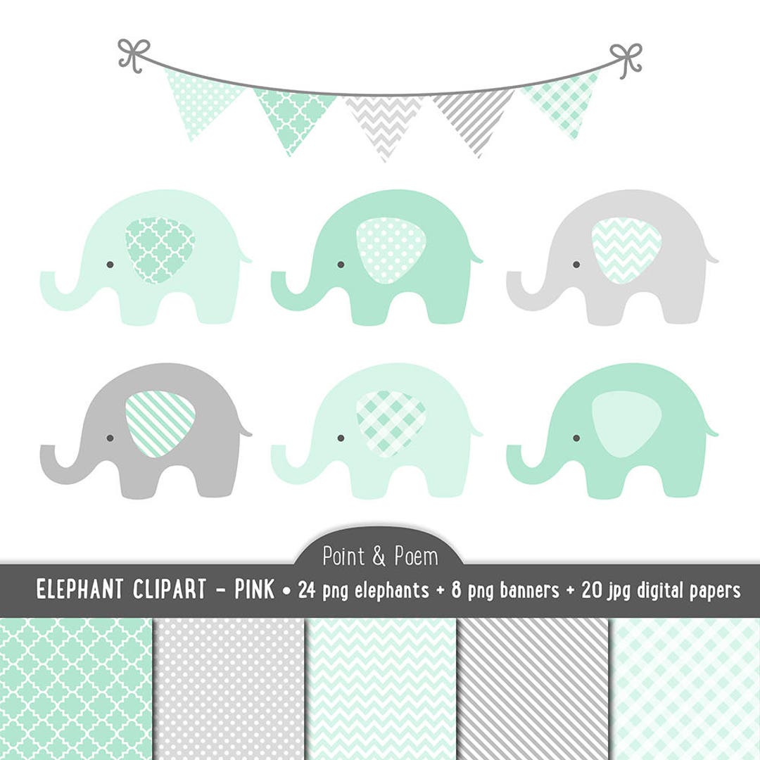 Elephant Clip Art, Digital Papers, Mint Green Baby Clipart, Mint & Gray ...