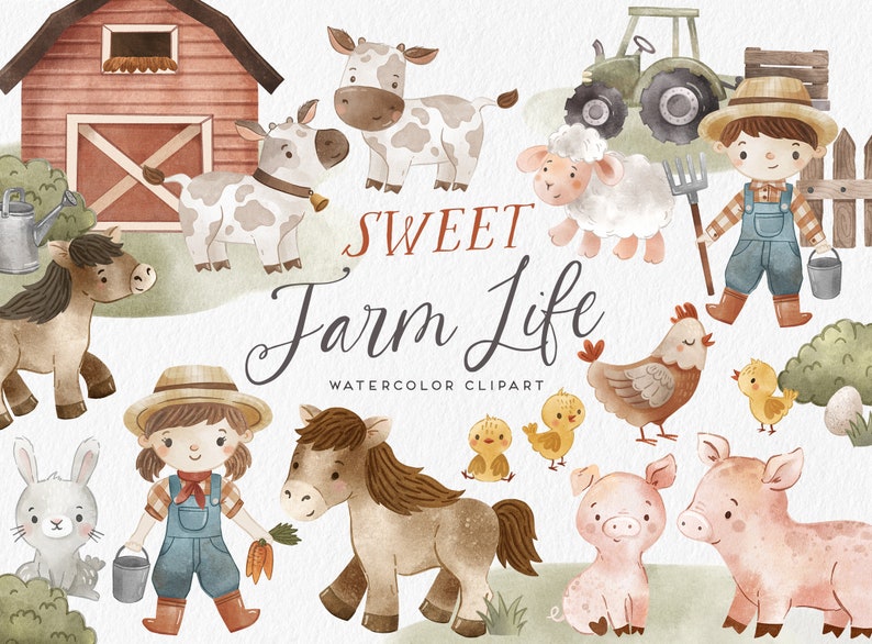 Farm Watercolor Clipart Cute Farm Animals Digital Clip Art - Etsy
